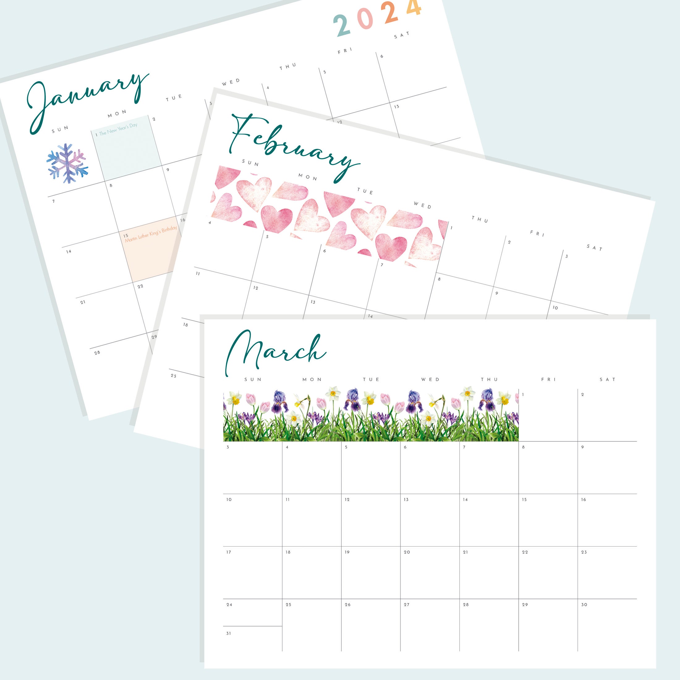 US Letter Printable 2024 Calendar, Letter Size Calendar, Watercolor ...