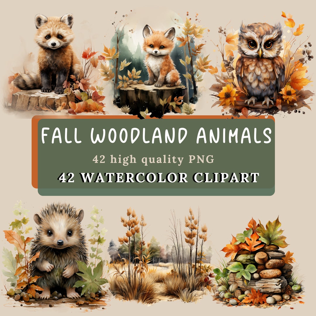 Set of 42 Fall Woodland Animals Clipart, Seasonal Design Bundle ...