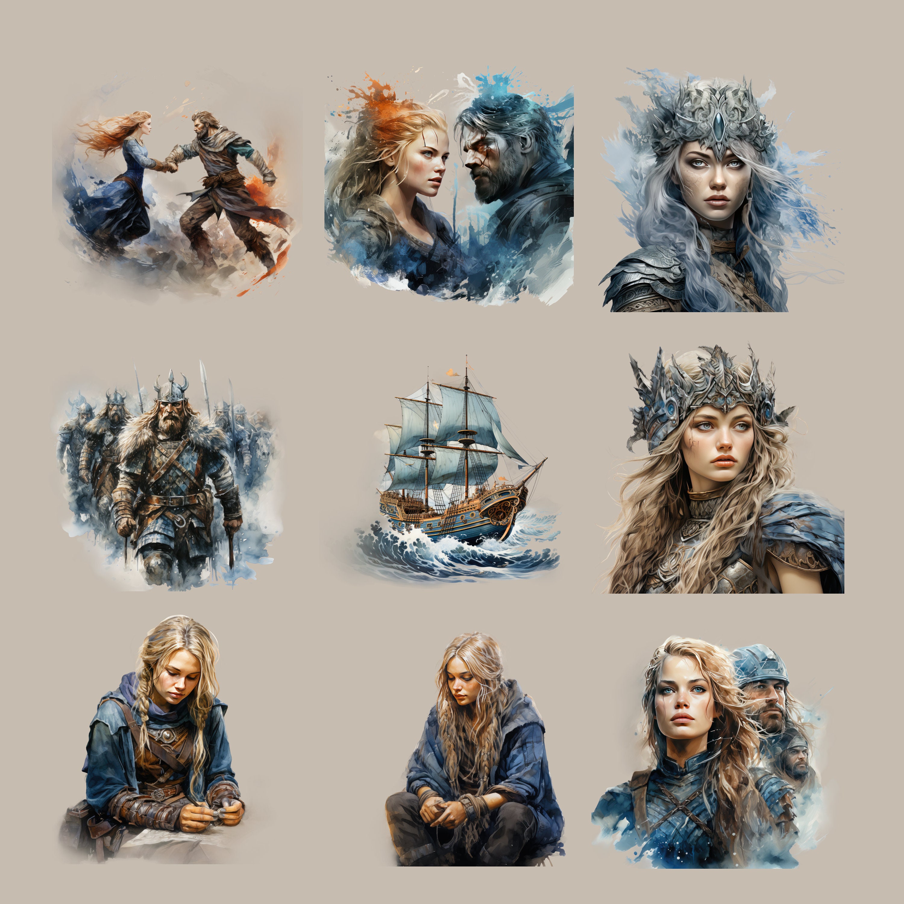 Set of 44 Astrid Viking Warrior Clipart, Viking Clipart Bundle, Fierce Female Viking, Watercolor ...