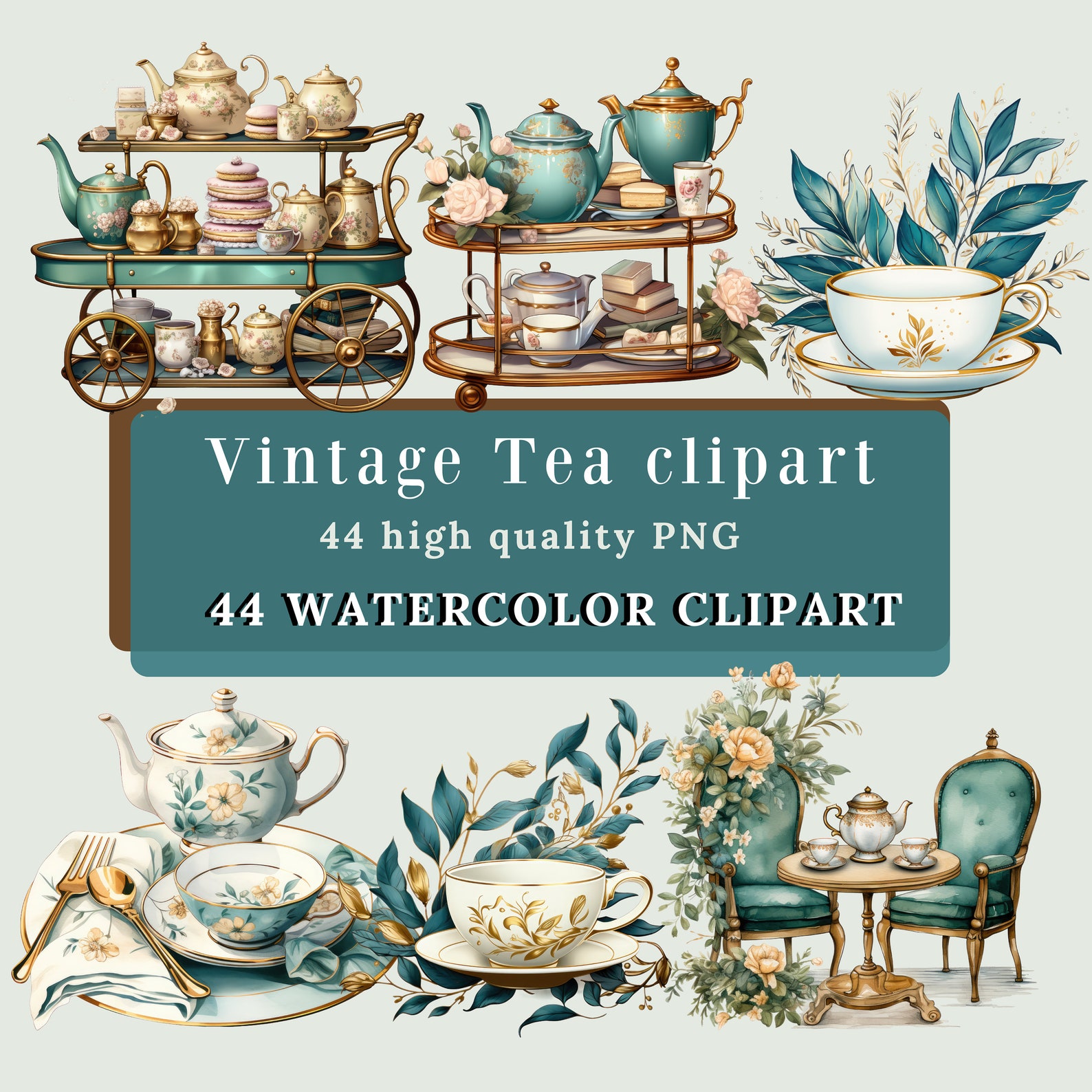 Set of 44 Vintage Tea Clipart, Versatile Design Bundle, Vintage Tea ...