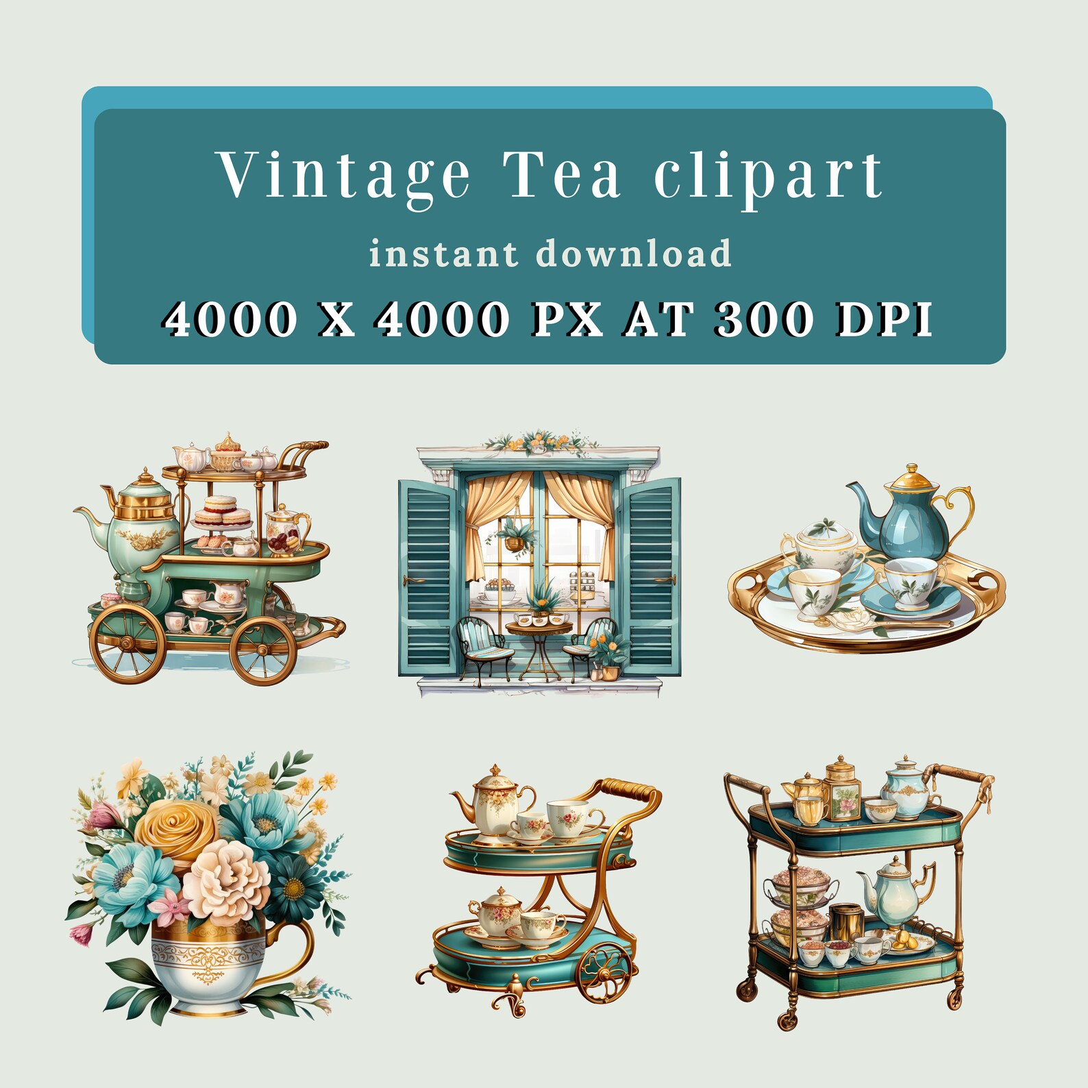 Set of 44 Vintage Tea Clipart, Versatile Design Bundle, Vintage Tea ...