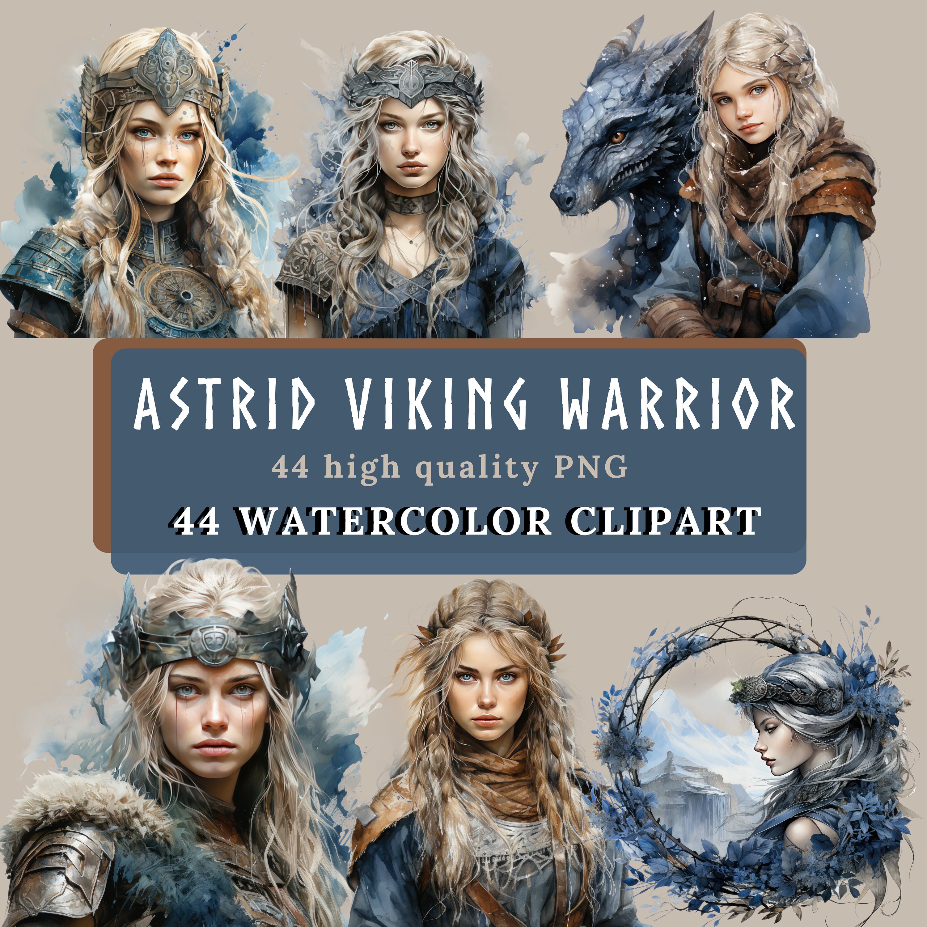 Set of 44 Astrid Viking Warrior Clipart, Viking Clipart Bundle, Fierce Female Viking, Watercolor ...