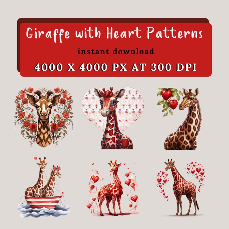 Set of 31 Giraffe With Heart Patterns Clipart, Exclusive Clipart ...