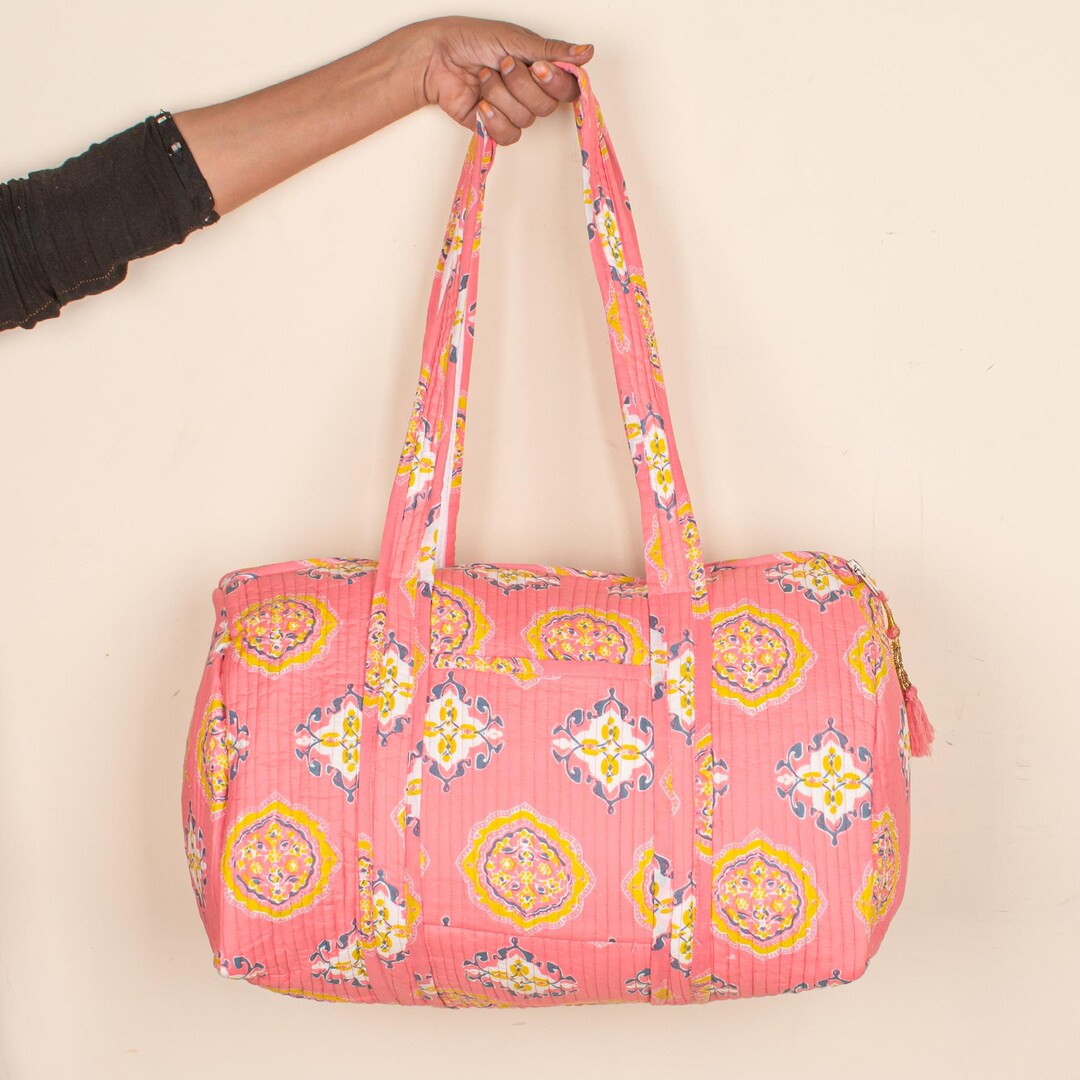 Handmade Quilted Cotton Duffle Bag: Travel Weekend Tote, Hand Block ...