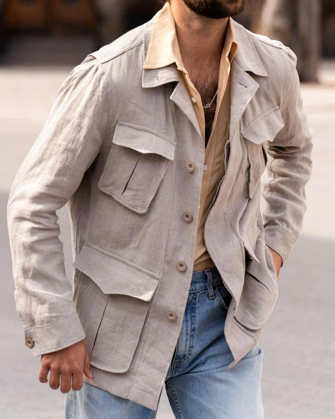 Men's Beige Linen Safari Jacket, Hunting Safari Jacket, Mens Wedding ...