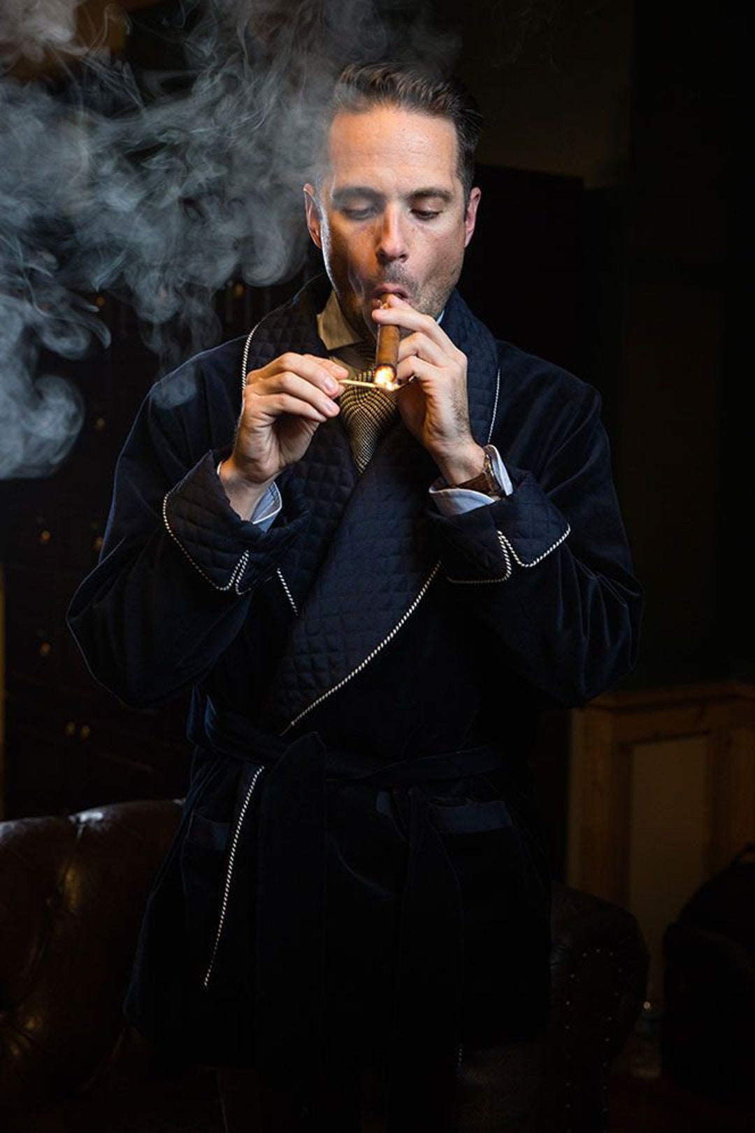 Smoking Jacket Long Gown Mens Blue Smoking Jacket , Anniversary Gift ...