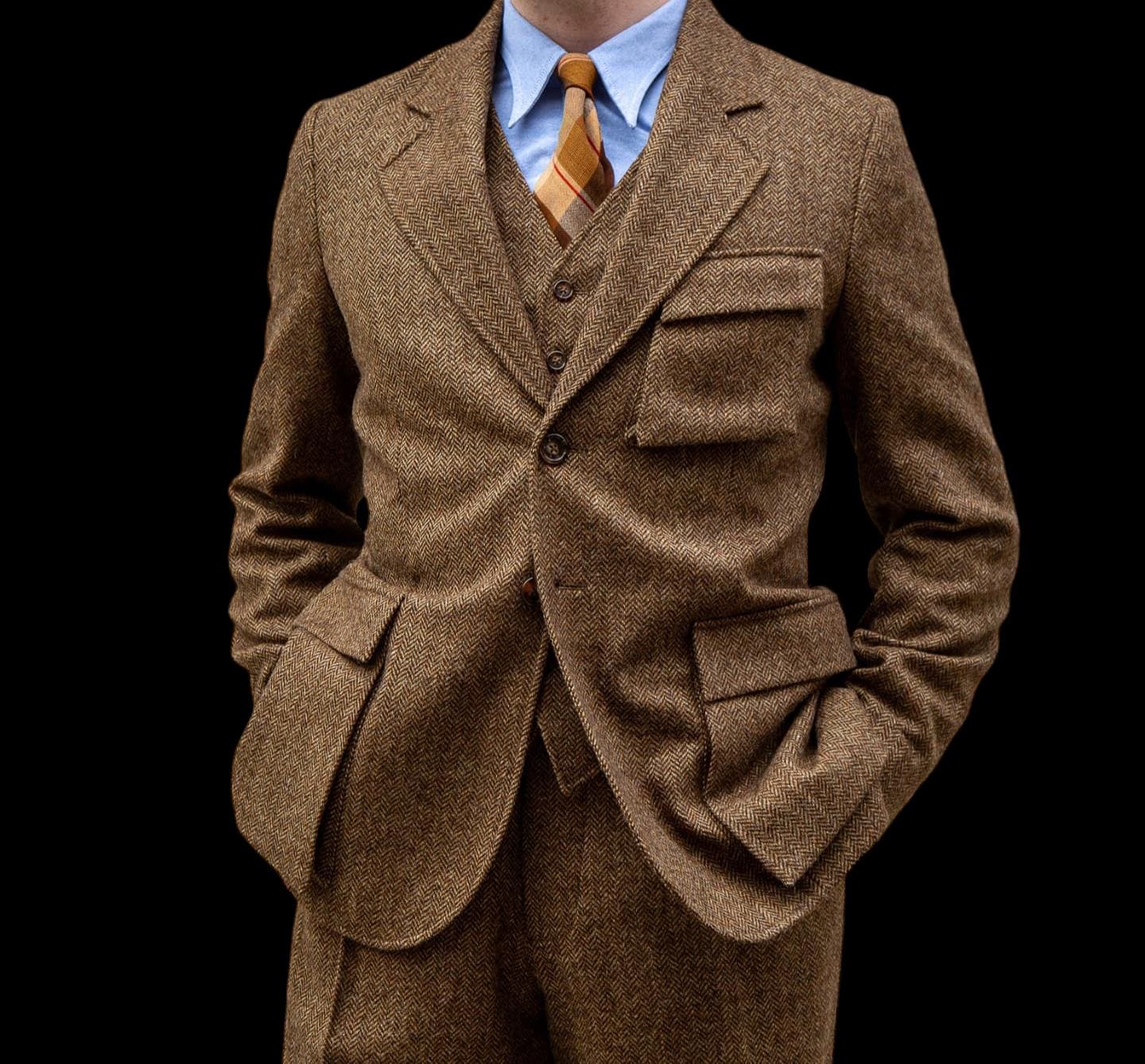 Brown Herringbone Tweed Wool 3 Piece Suit, Tweed 3 Piece Suit, Woolen ...