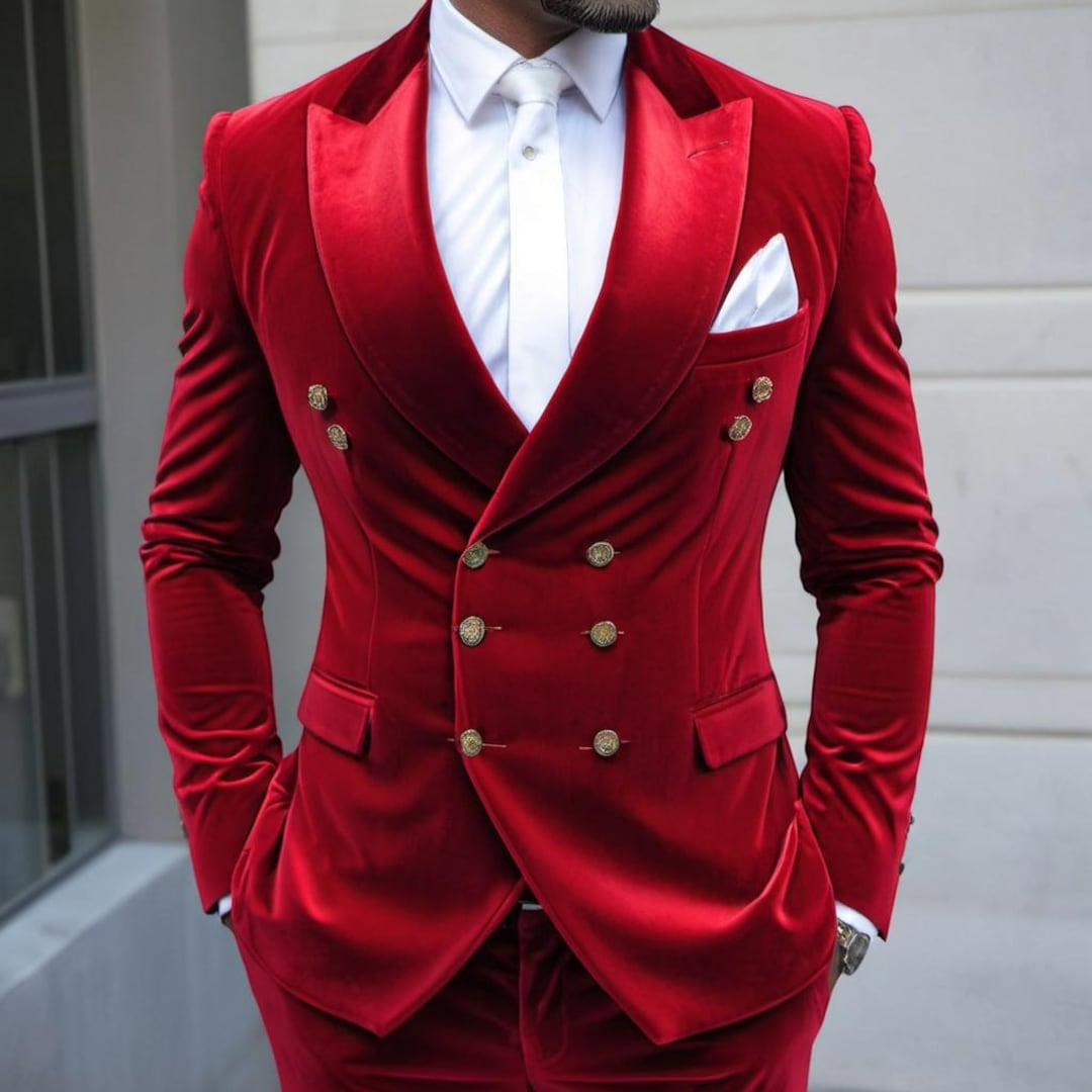 Men's Red Velvet Suit 2 Piece Double Breasted, Wedding Suit, Winter ...