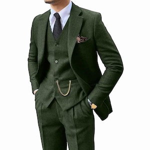 1920s Men's Retro Dark Green Wool Suit . Tweed Wool 3 Piece Suit. Forest Green Suit. Tweed Green ...
