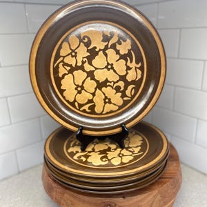 Includes 5 Plates - 1970s Stoneware Brown Flower Pattern Round Plates ...