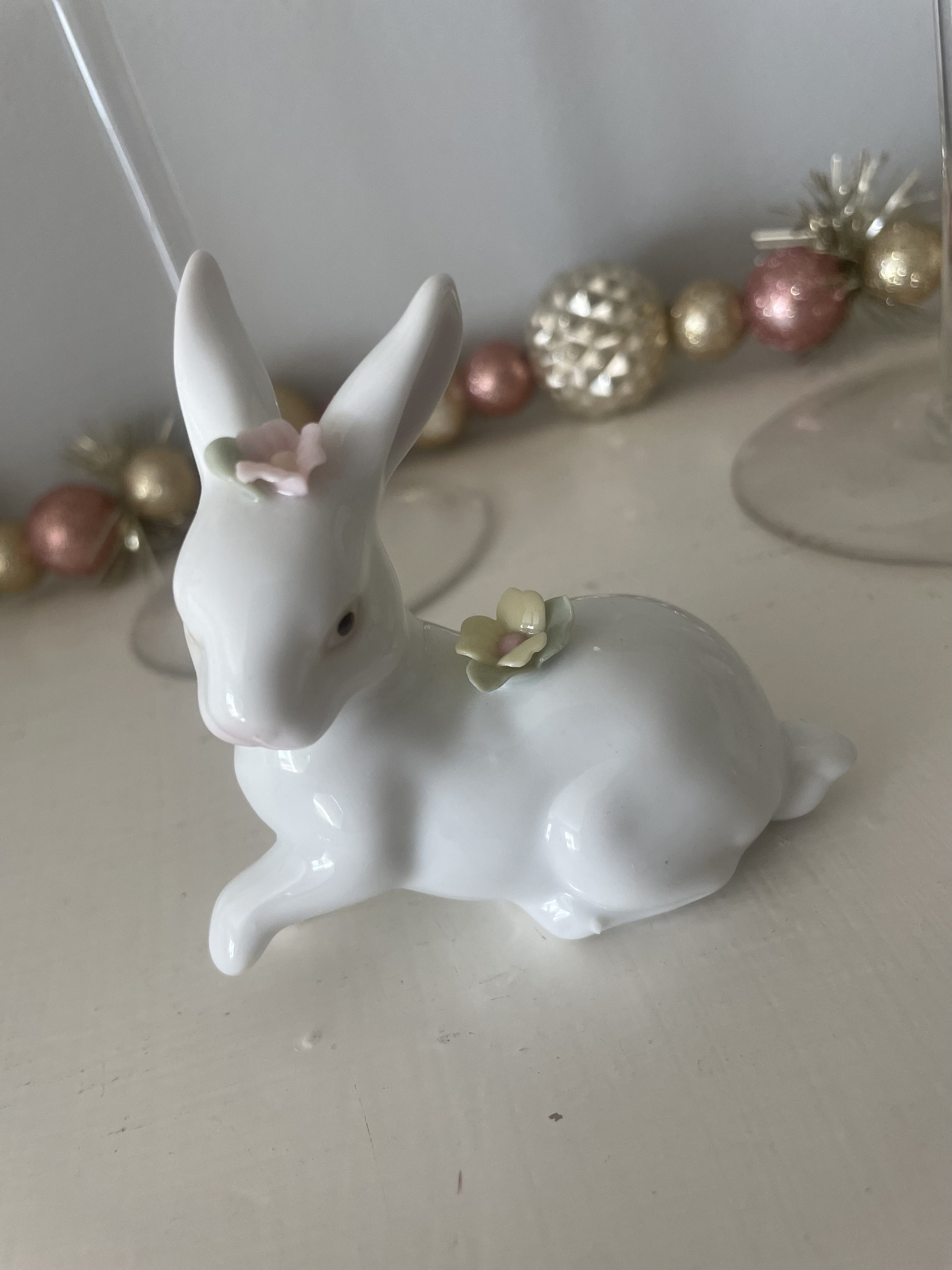 Set of 2 White Ceramic Rabbit Figurines W/ Floral Accents Easter/spring ...