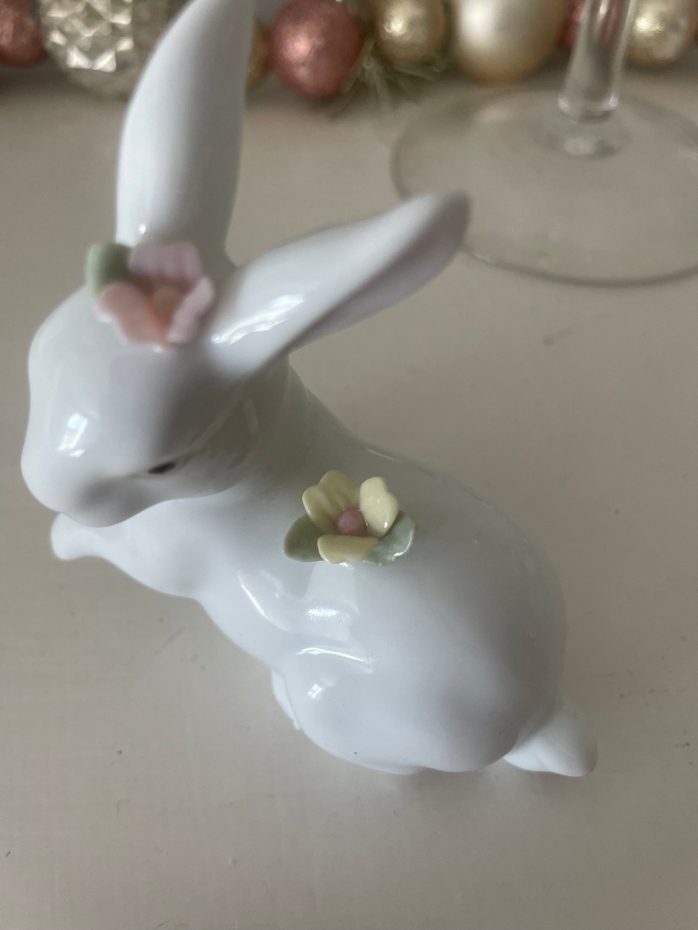Set of 2 White Ceramic Rabbit Figurines W/ Floral Accents Easter/spring ...