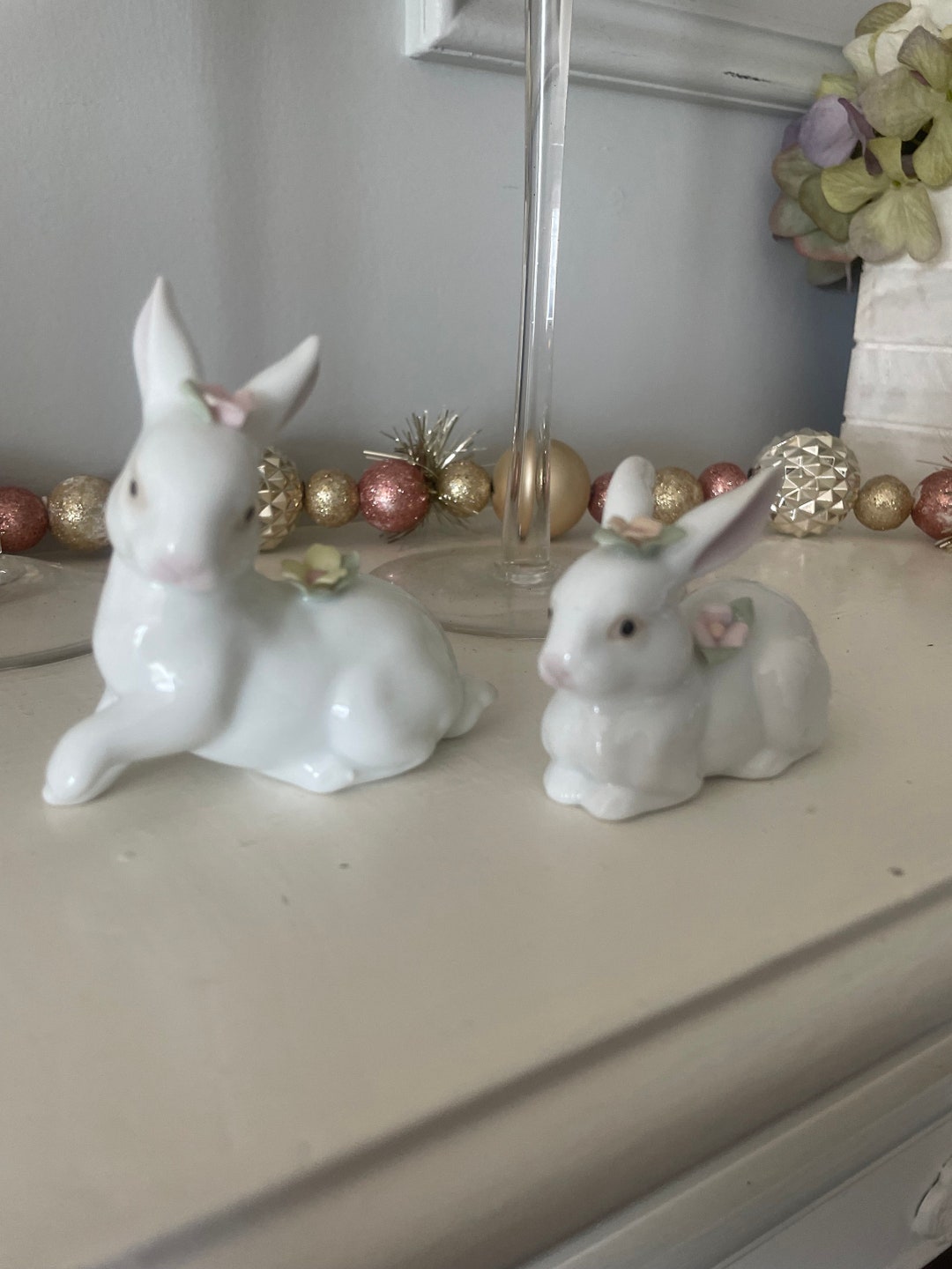 Set of 2 - White Ceramic Rabbit Figurines W/ Floral Accents - Easter ...