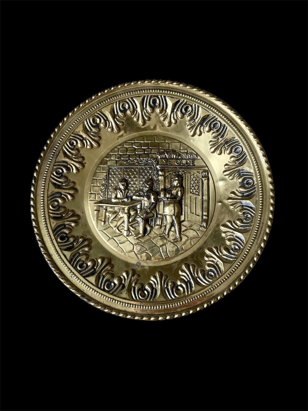 Vintage Brass Stamped Metal Round Plate Wall Hanging - Pub Bar “ye Old ...