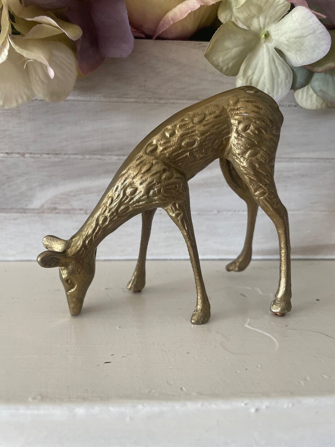Vintage MCM Brass Spotted Grazing Doe (deer) Small Statue - Home Decor ...