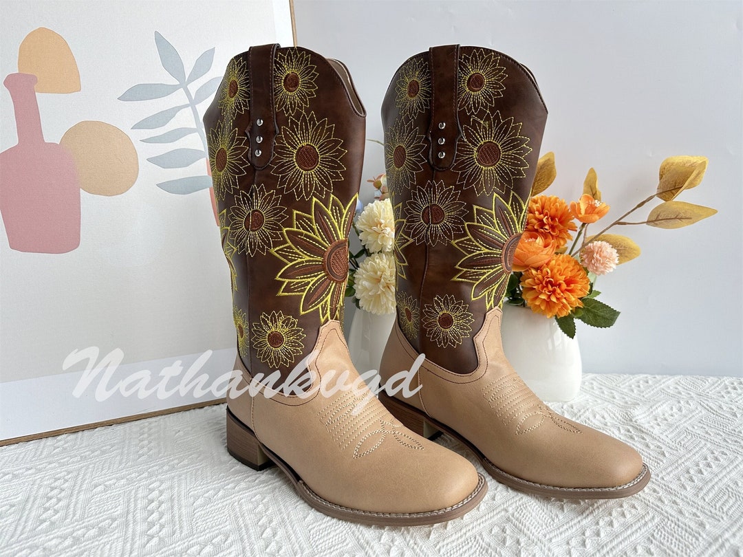 Sunflower Cowboy Boots Embroidered Cowgirl Boots Women - Etsy UK