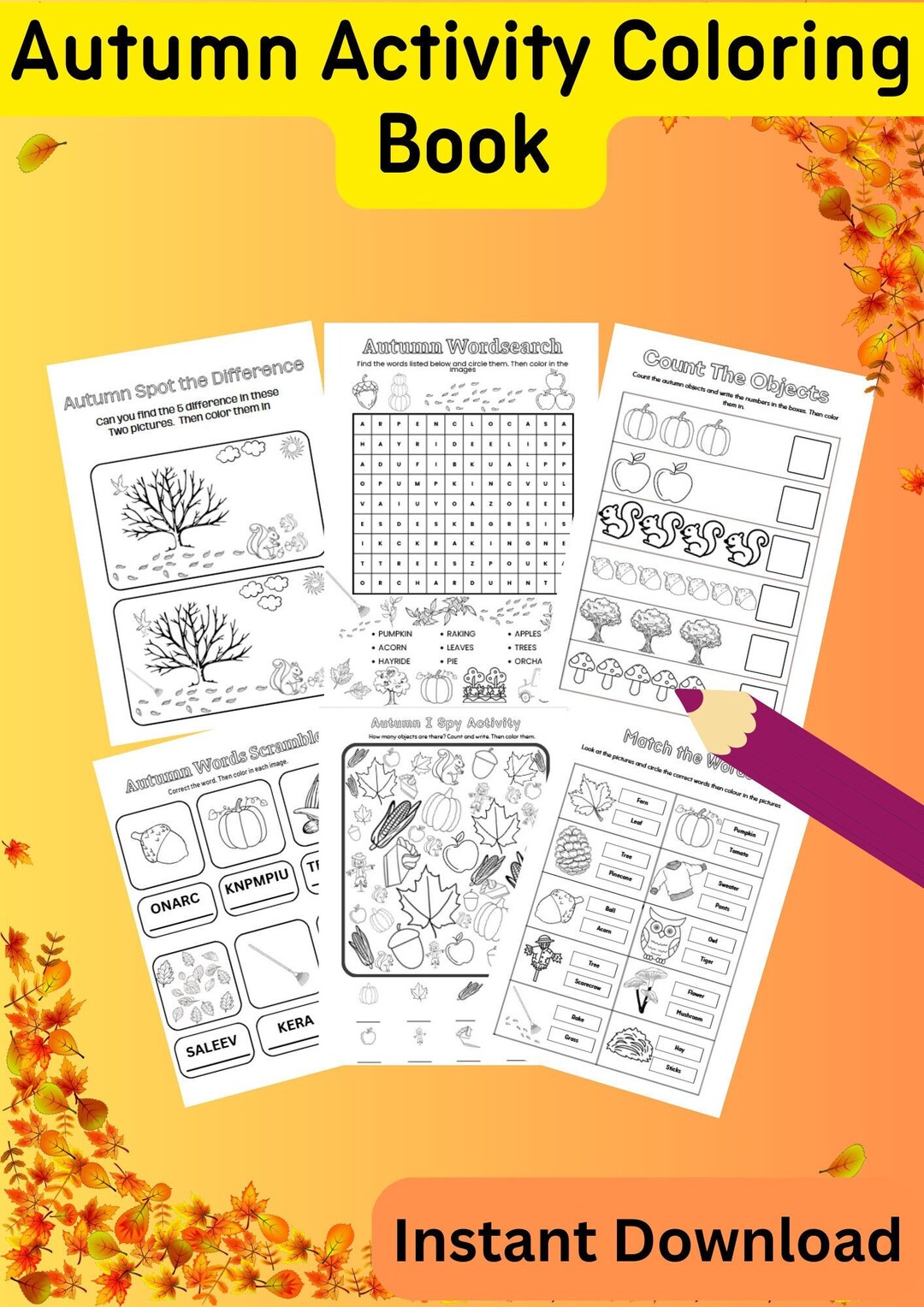 Autumn Kids Activity Learning Book, Autumn Activity Coloring Book, Fall ...