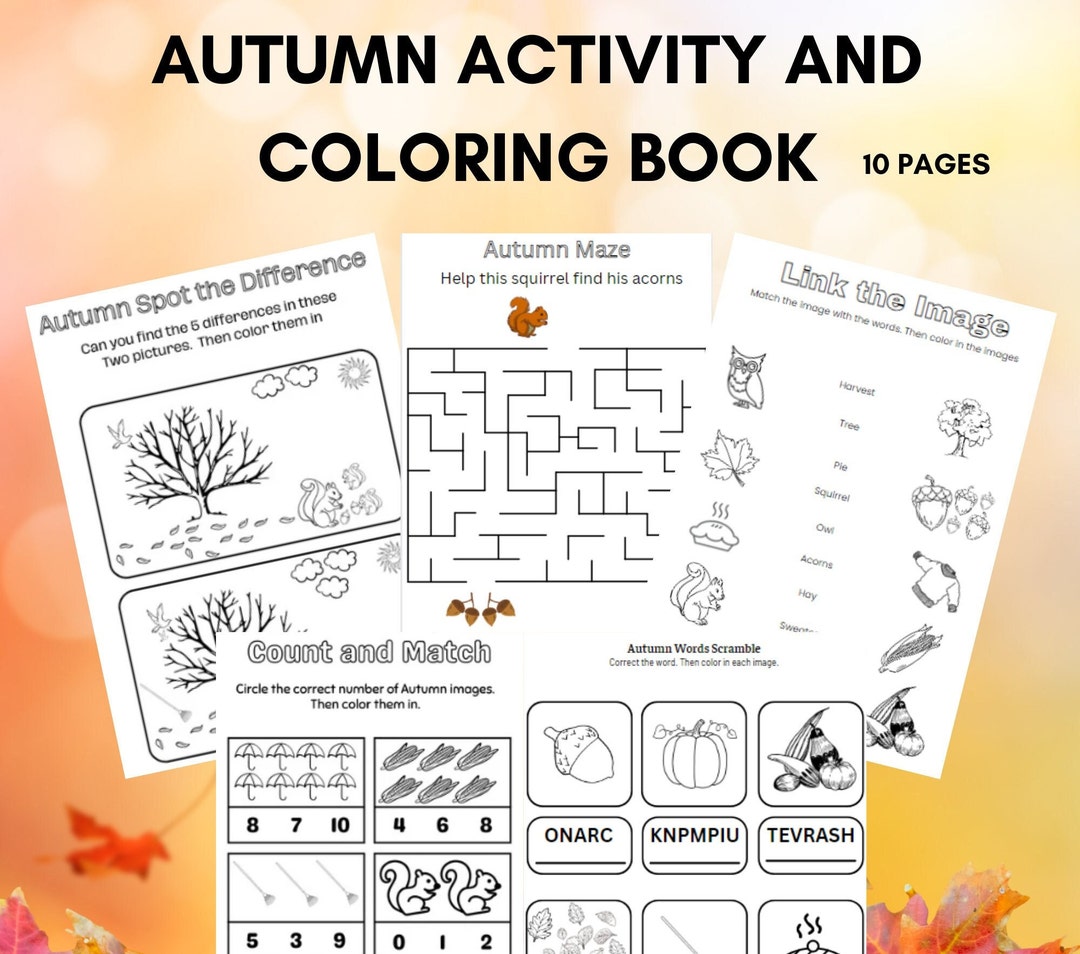 Autumn Activity Coloring Book for Kids, Fall Coloring Pages, Autumn ...