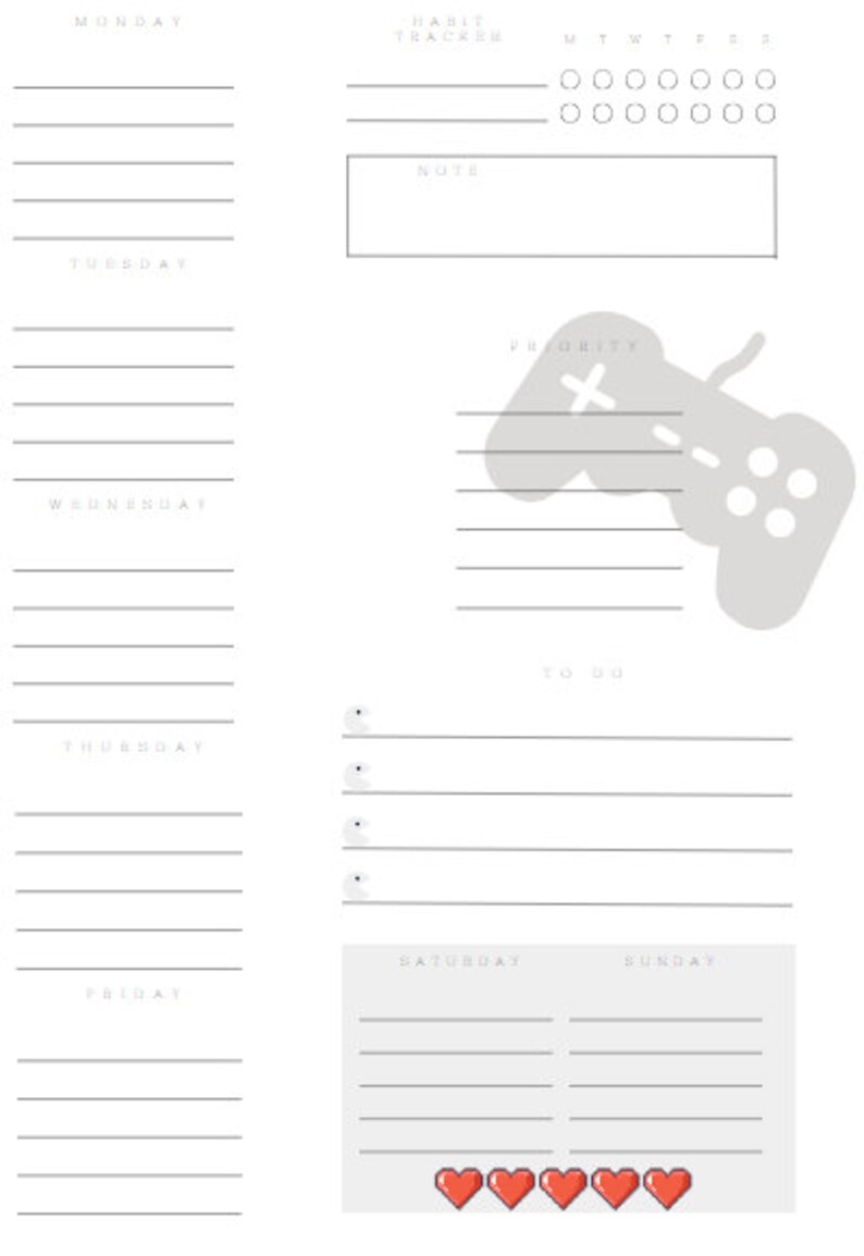 Gaming Themed Printable Planner Game Daily Weekly Yearly Planner Gamer ...