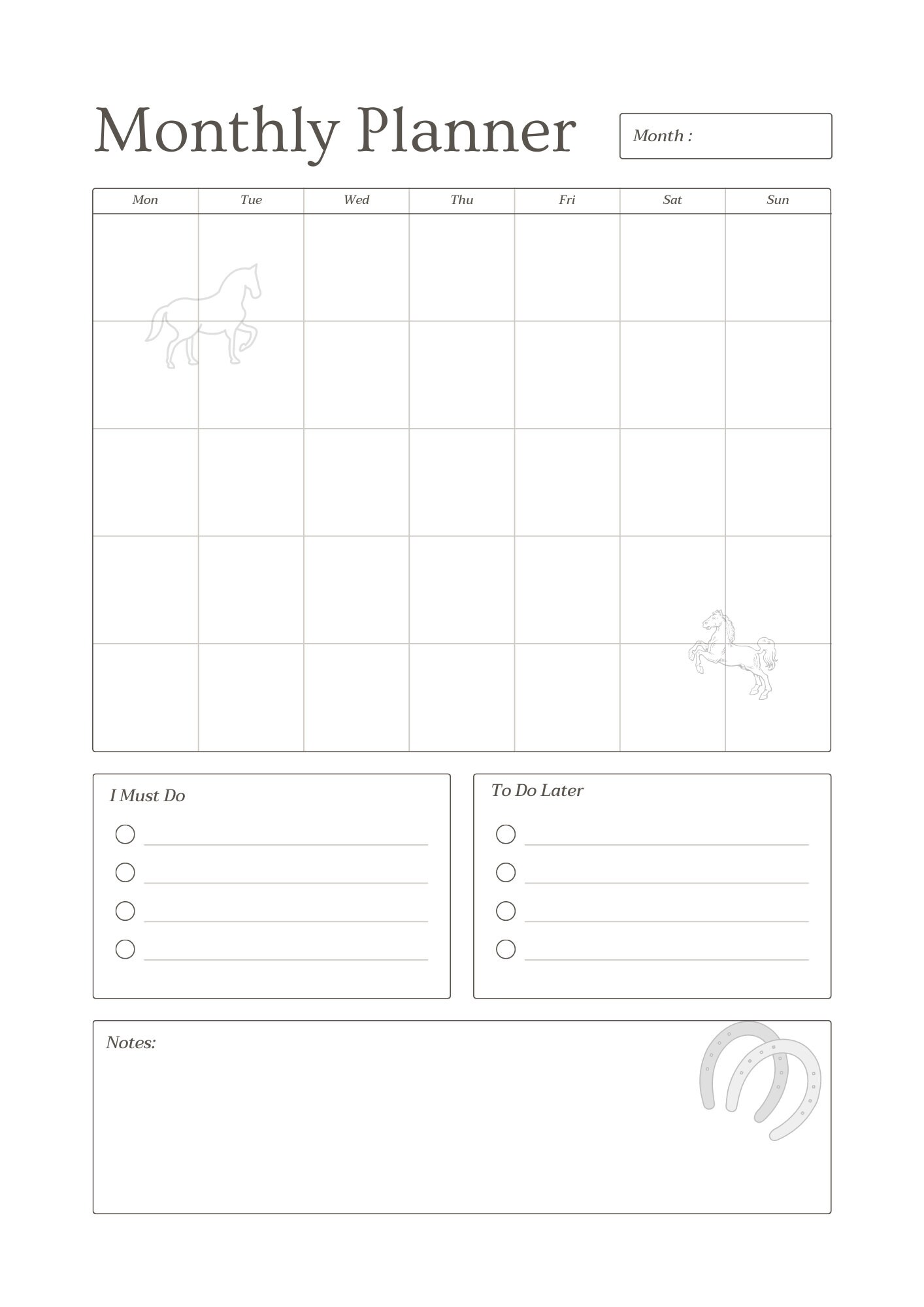 Horse Themed Printable Planner Horse Daily Weekly Yearly - Etsy
