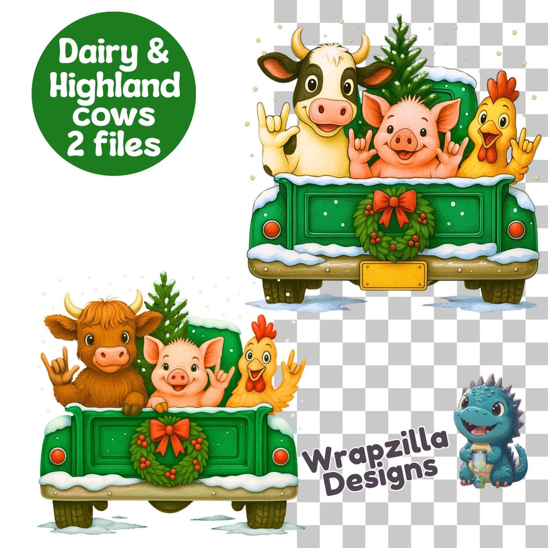 Winter Farm Animal Truck PNG Bundle: ASL Cows, Pig, Chicken (digital ...