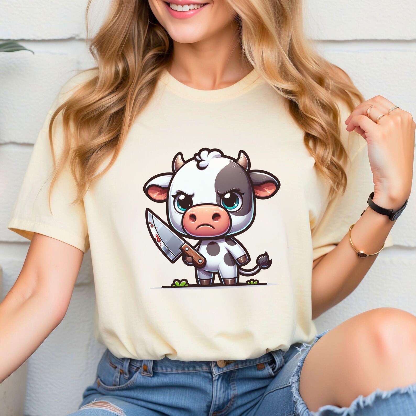Funny Angry Cow Clipart PNG, Cartoon Cow & Knife Digital Art, Whimsical ...