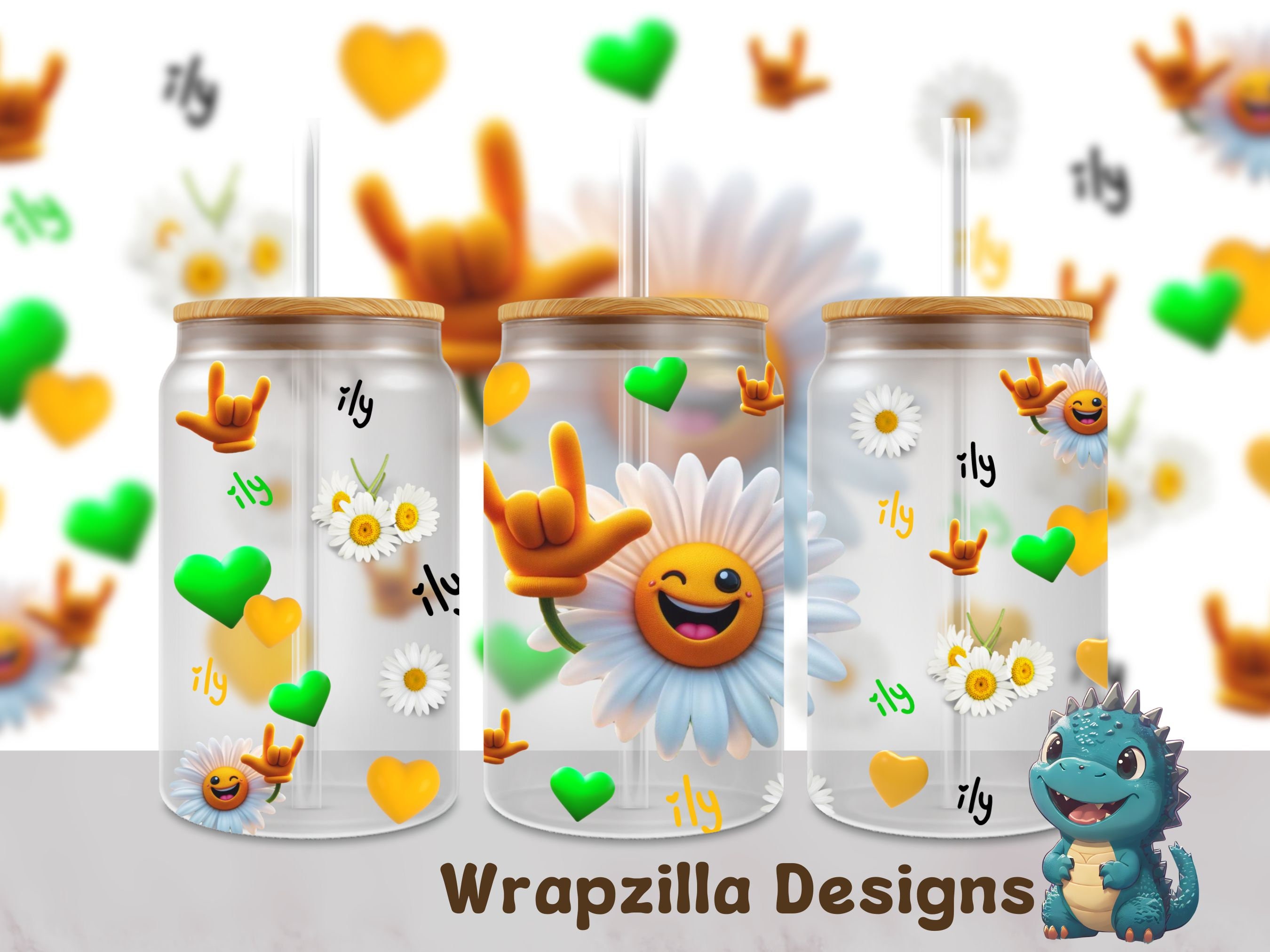 ASL 16oz Frosted Glass Daisy Flower Ily Sublimation Design Wrap PNG ...