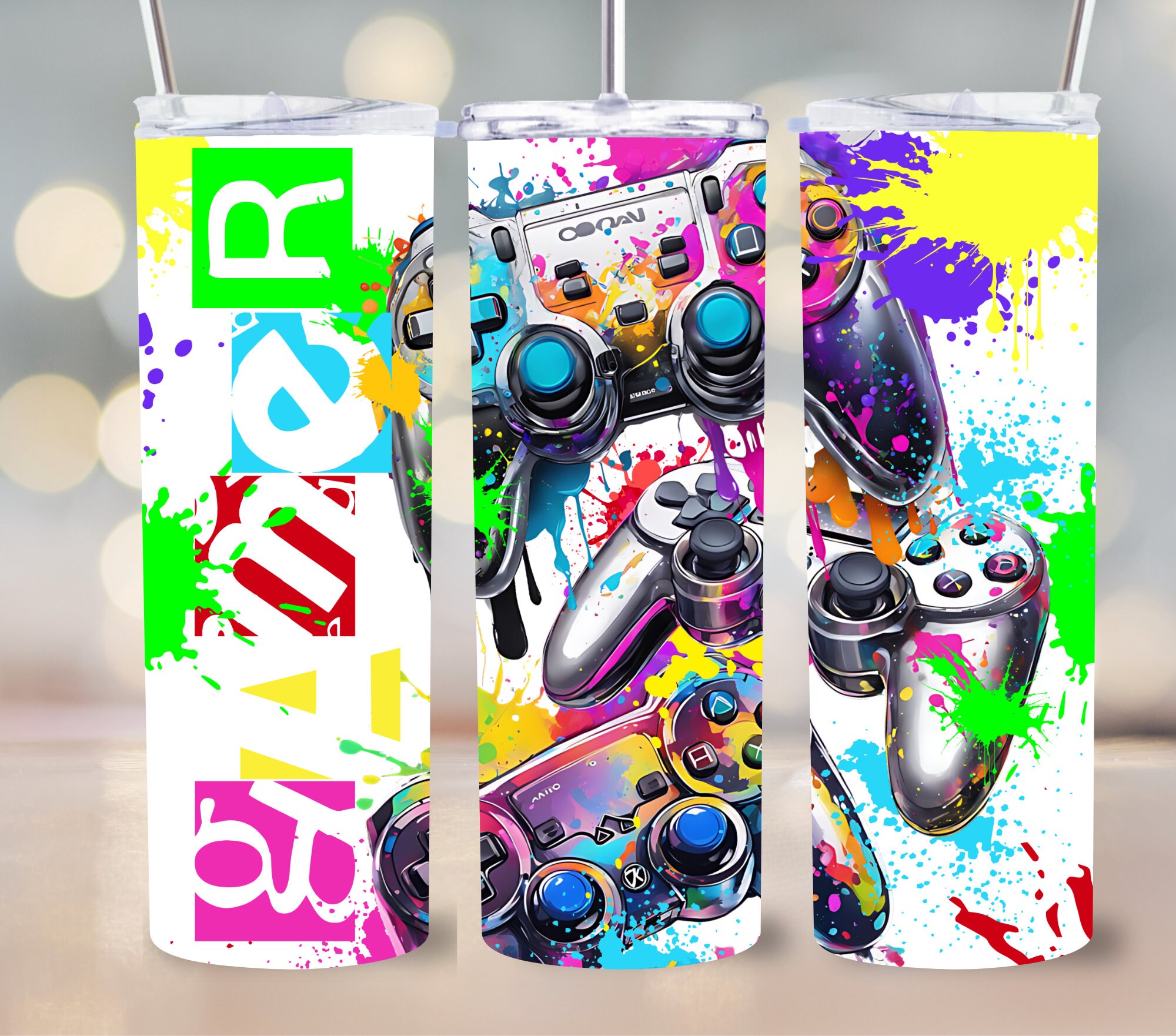 Gamer 20oz Skinny Tumbler Sublimation Wrap Design Neon Video Game ...
