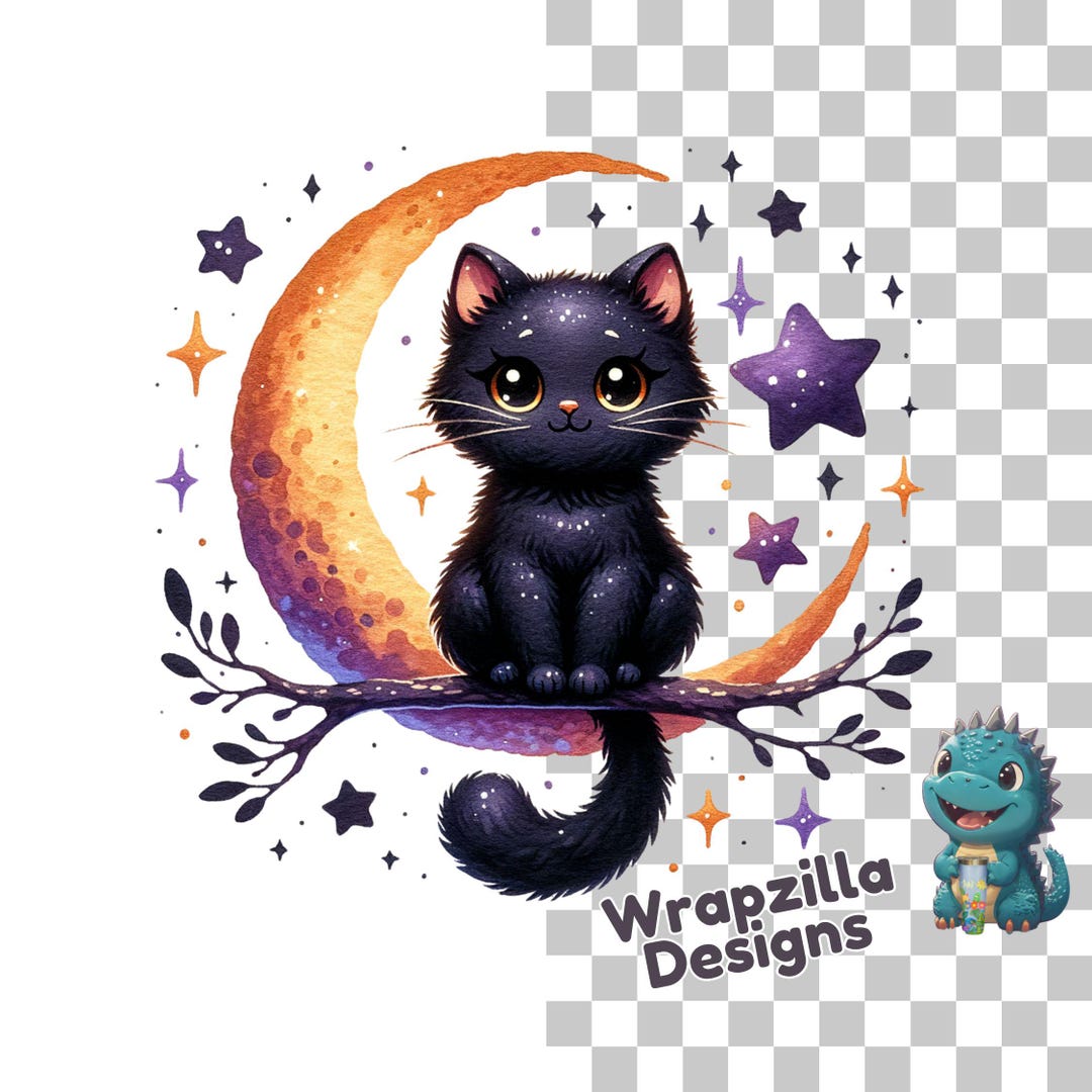 Moon Cat Clipart PNG, Cute Black Cat Digital Art, Magical Night ...