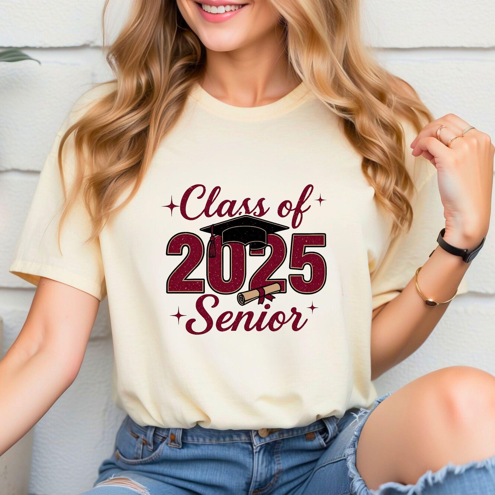 Class of 2025 Senior PNG Burgundy Glitter, Graduation Cap and Diploma ...