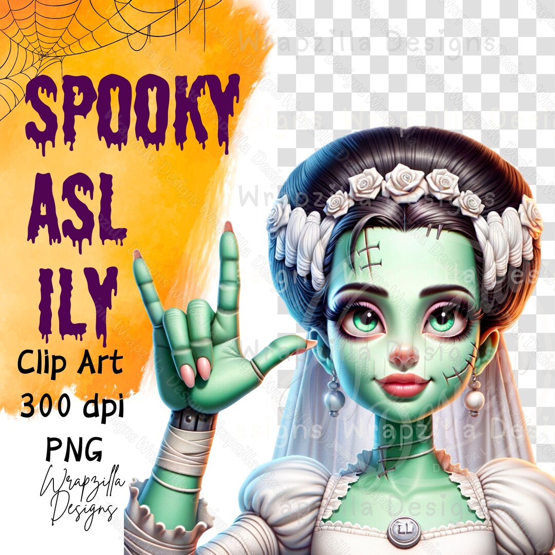 Bride of Frankenstein ASL ILY Clipart, Horror Girl PNG (digital ...