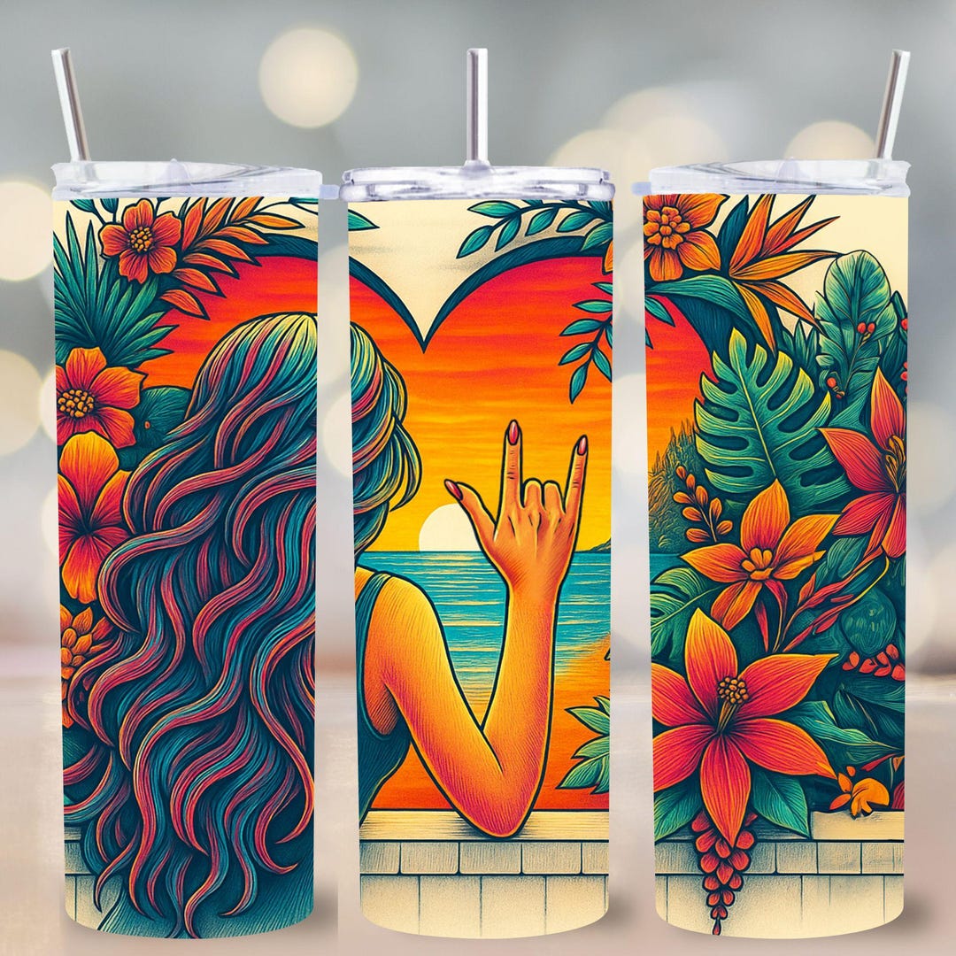 ASL I Love You Sunset Girl Tumbler Wrap, 20 Oz Skinny Cup, Deaf ...