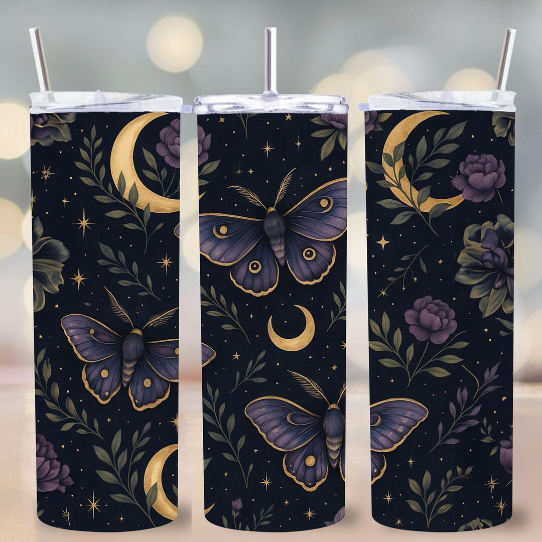 Moths and Moons Tumbler Wrap PNG, Gothic Celestial 20 Oz Skinny ...