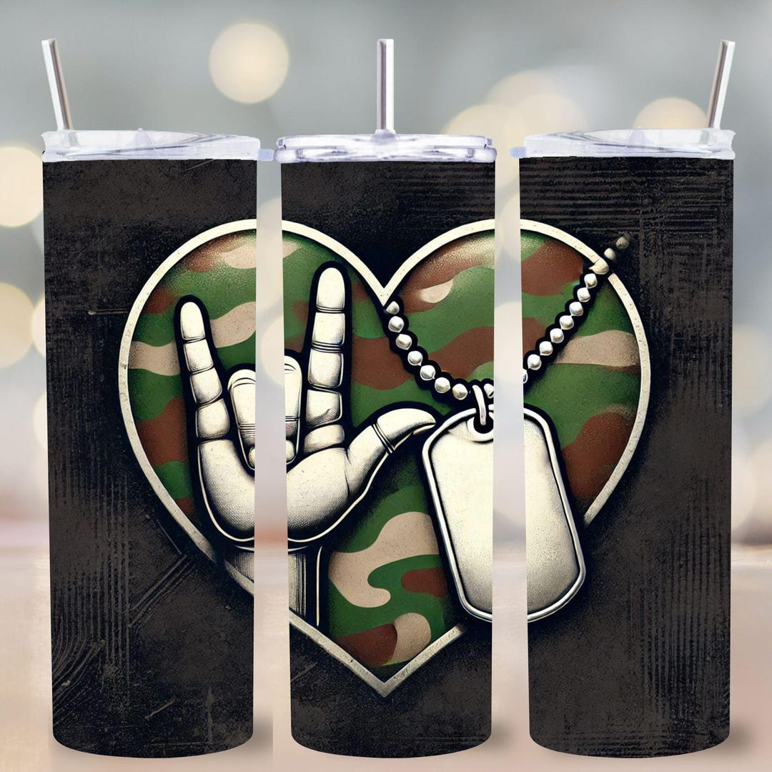 Military ASL Love Tumbler Wrap: Camo Dog Tag Heart (PNG Digital ...