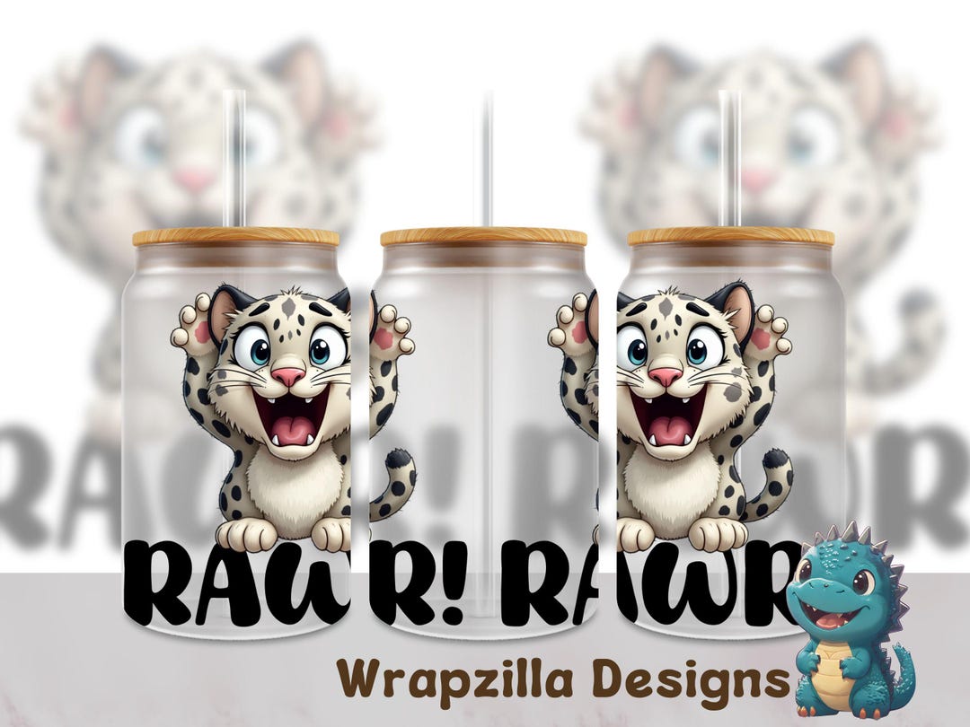 Cartoon Snow Leopard Glass Can Wrap, Animal Design (digital Download ...