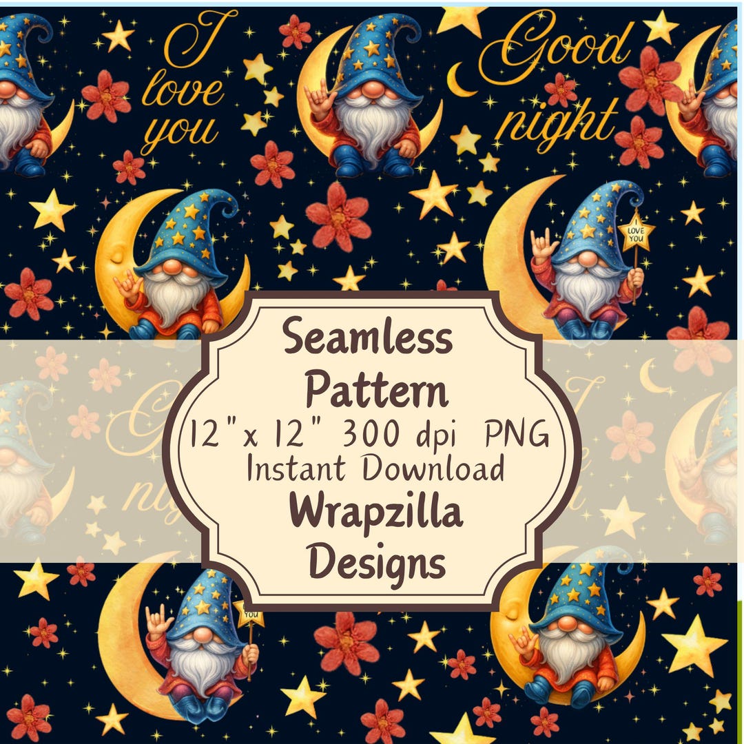 Good Night Gnome Seamless Pattern, ASL I Love You, Moon and Stars (PNG ...