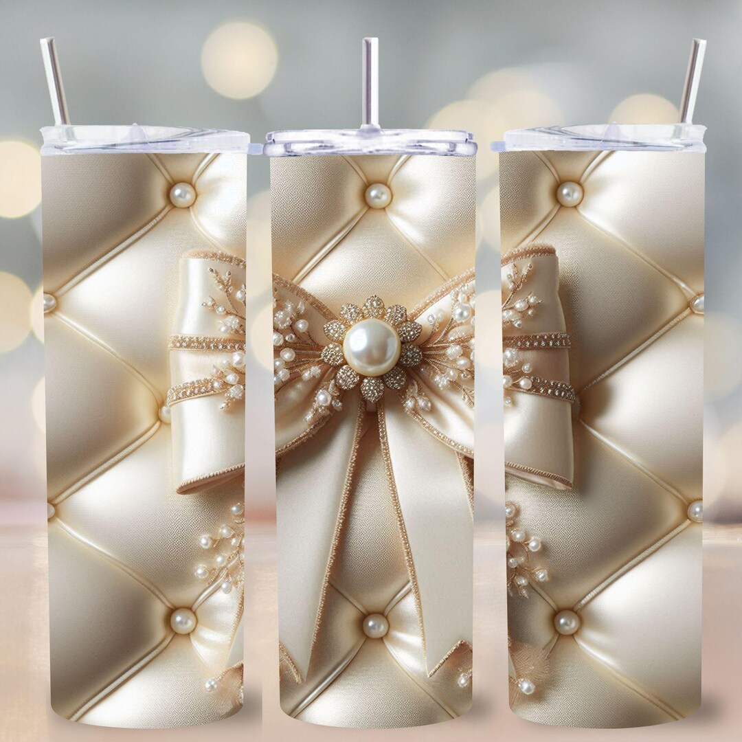 Pearl Bow Tumbler PNG: Ivory Satin & Gold Bling, 20oz Skinny Tumbler ...