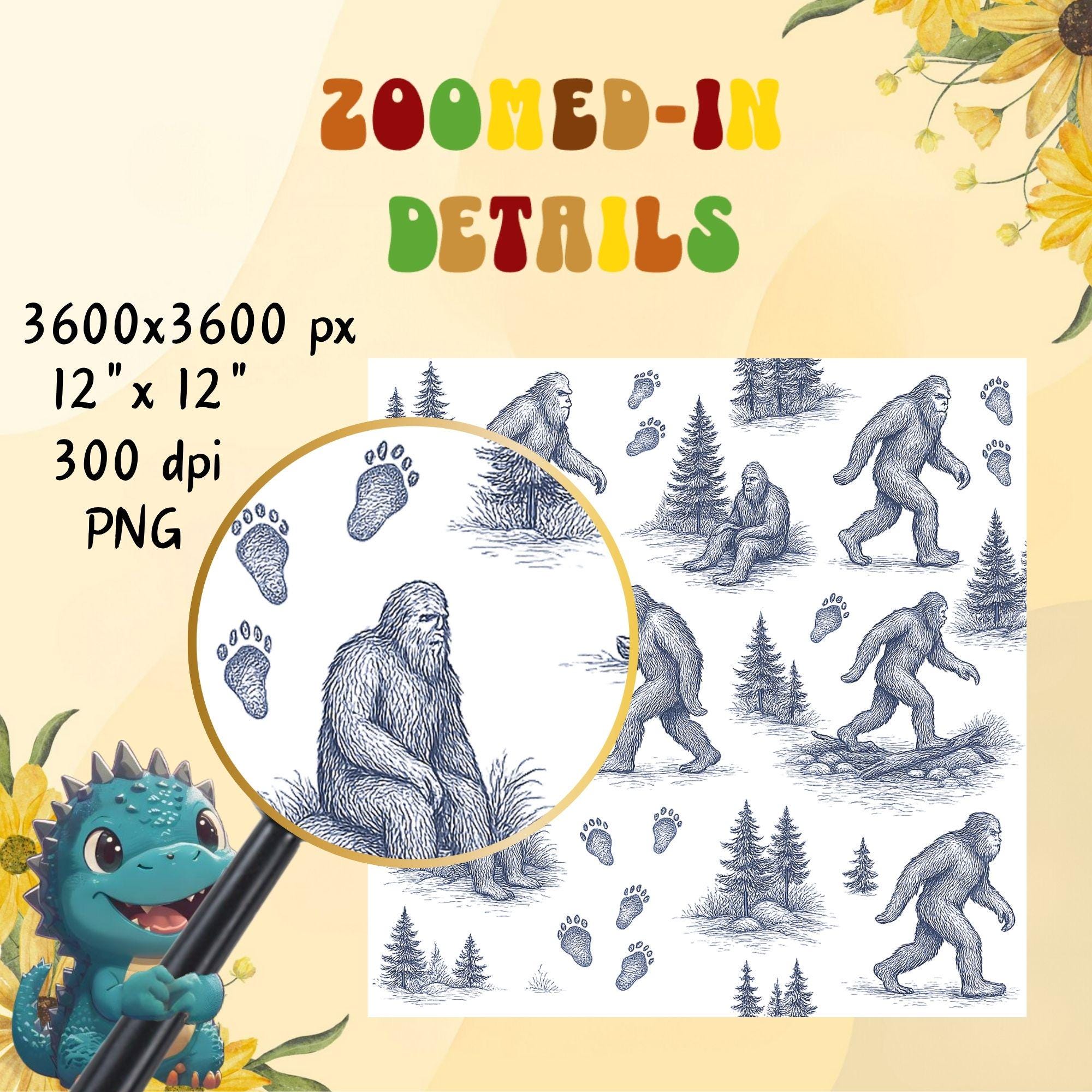 Bigfoot Toile Seamless Pattern PNG, Sasquatch Forest Clipart, Vintage ...