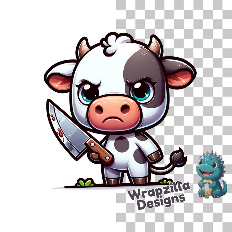 Funny Angry Cow Clipart PNG, Cartoon Cow & Knife Digital Art, Whimsical ...