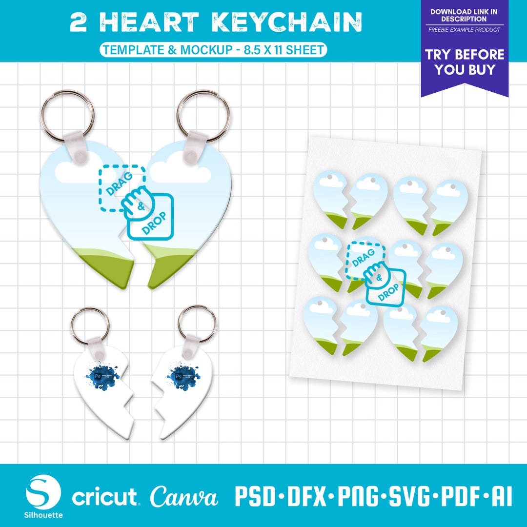 2 Heart Keychain Template and Mockup, Keychain Template Svg ...
