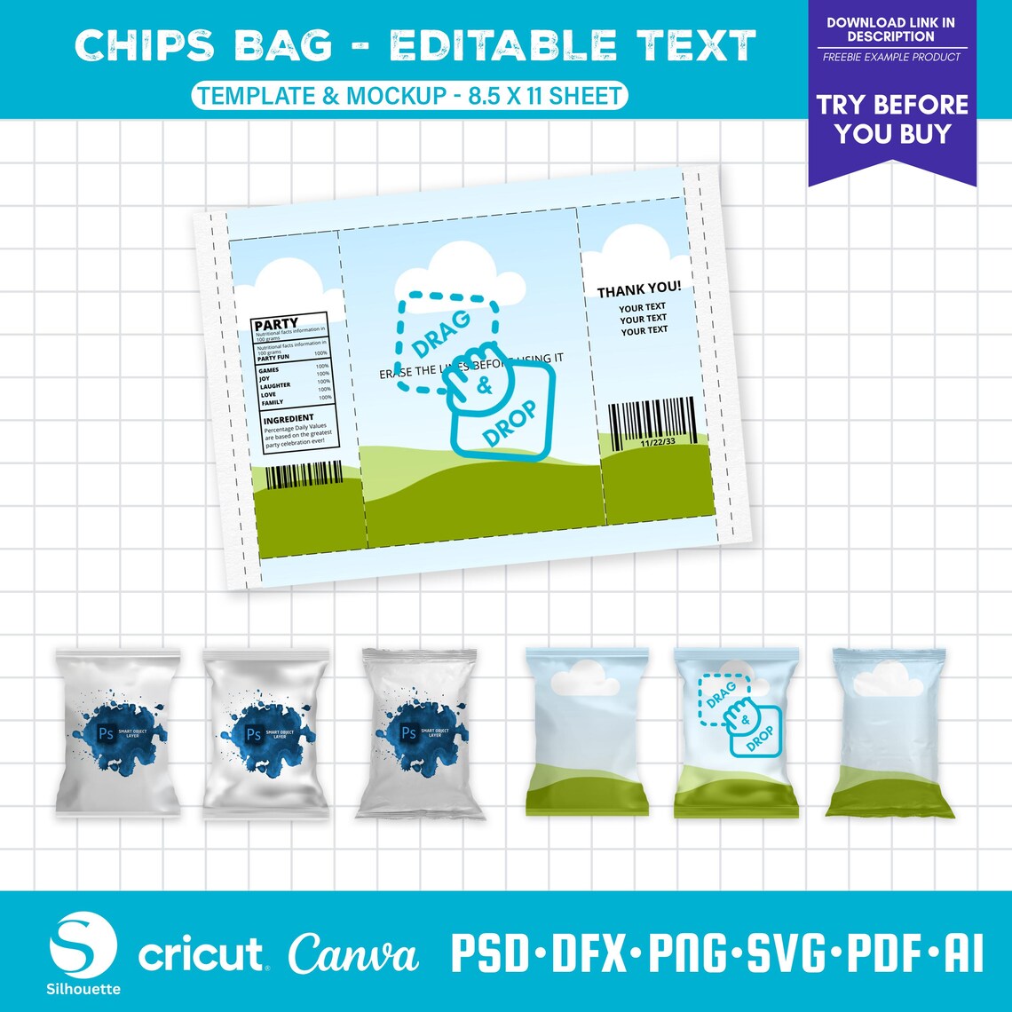 Chip Bag Template and Mockup, Blank Chip Bag, Chip Bag Label, Party ...