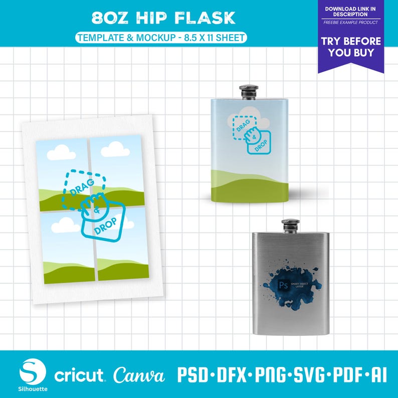 Dye Sublimation 8oz Flask Template, Svg, Drag and Drop Canva Template ...