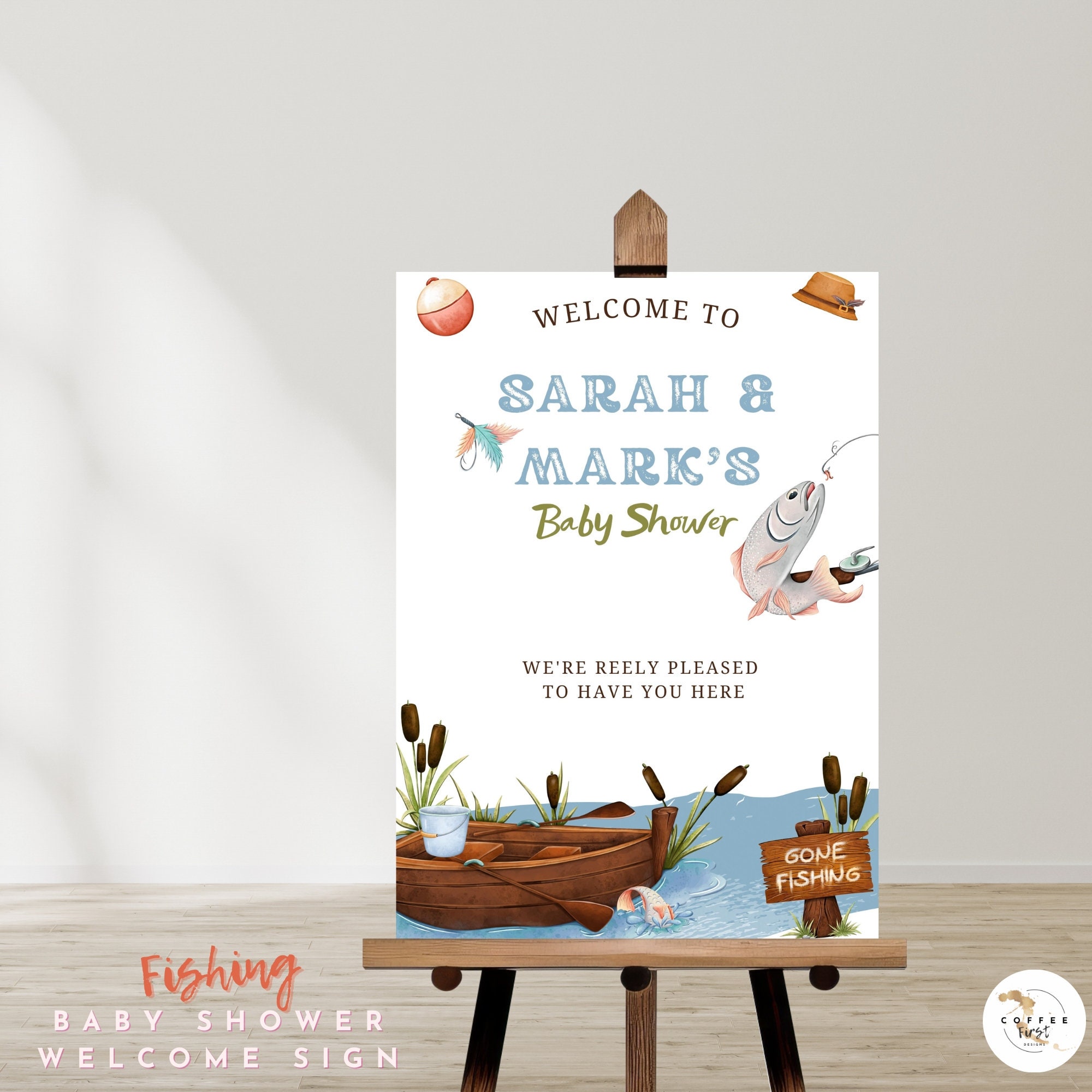Fishing Baby Shower Welcome Sign | Baby Shower, Boy Baby Shower | We're ...