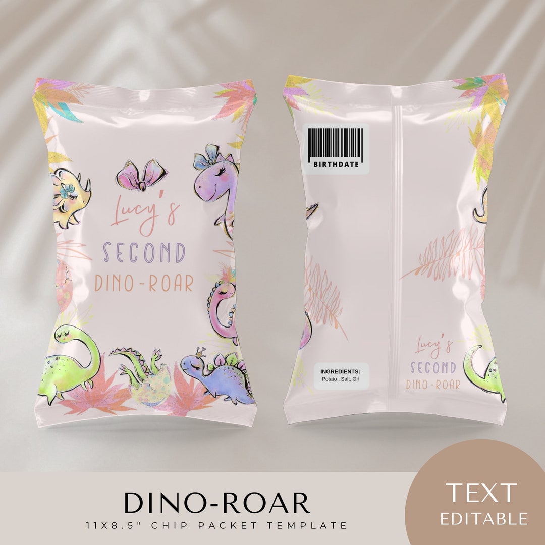 Cute Girl Dino Birthday Chip Packet, 2nd Dinosaur Birthday, Second Rex ...