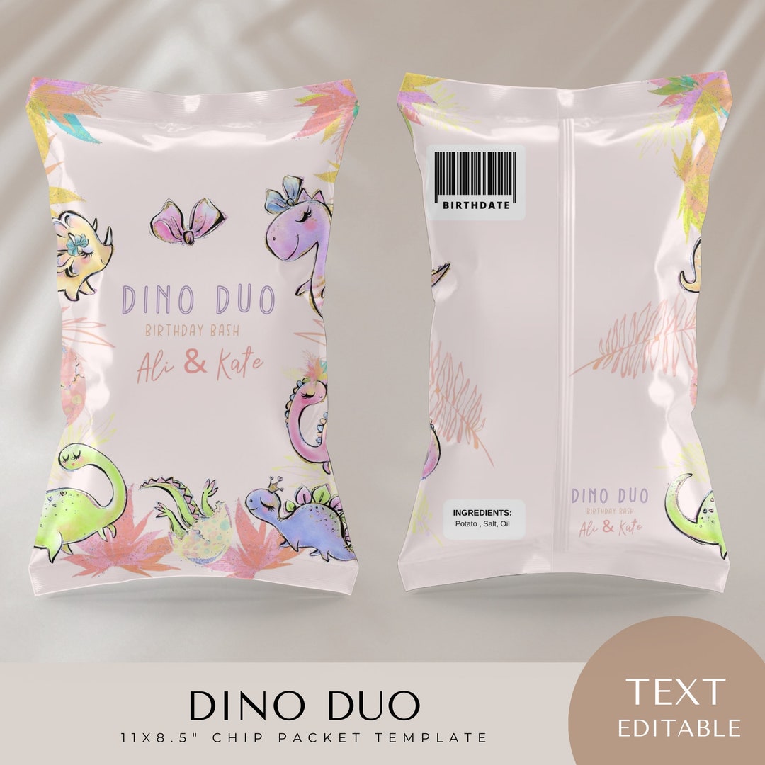Cute SIBLING DINOSAUR Birthday Chip Bag, Four Rex, Editable Canva ...