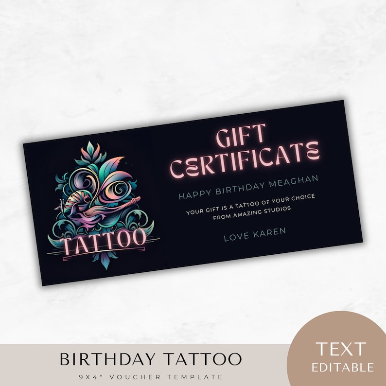 Editable Birthday Tattoo Voucher, Gift Card, Canva Template, Instant ...