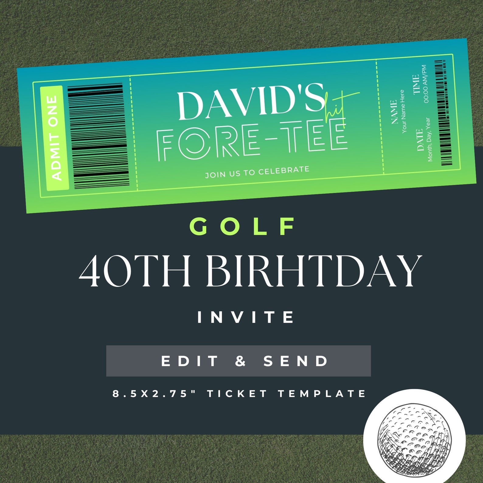 40th Birthday Invite Golf, Ticket, Invitation, Party, Mens Birthday ...