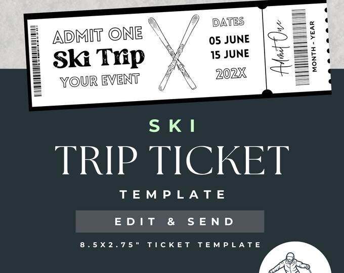 Printable Kids SKIING Surprise Reveal Ticket, Gift Voucher, Editable ...