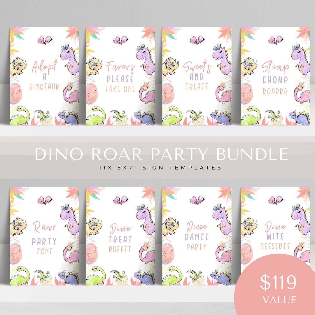 Girl Dino Birthday Party Sign Bundle, Dinosaur Bday, Editable Canva ...