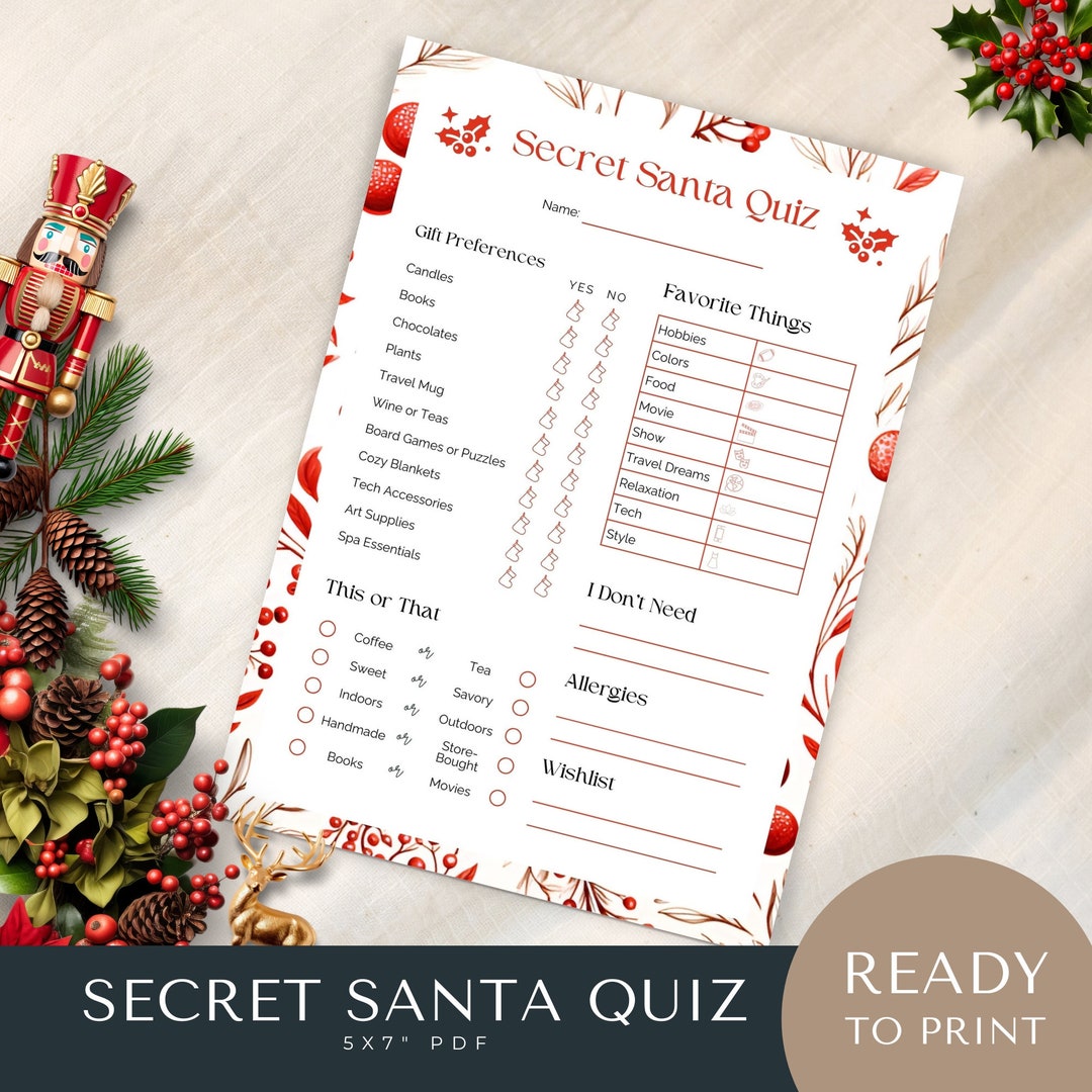 SECRET SANTA QUIZ, Christmas Printable, Questionnaire, Editable ...